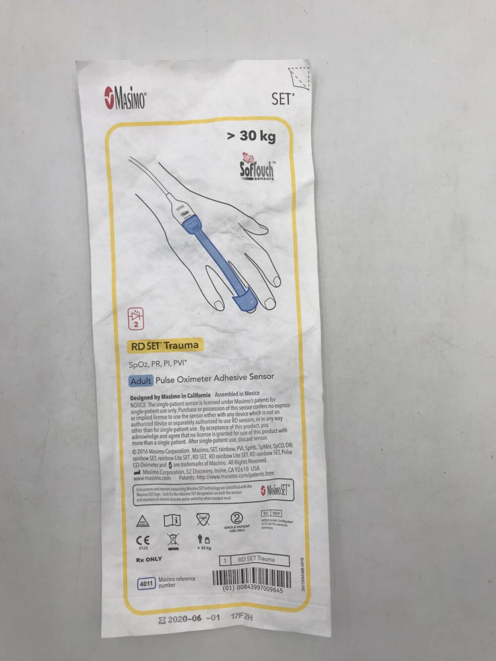 MASIMO 4011 SofTouch RD SET Trauma Adult Pulse Oximeter Adhesive Sensor ...