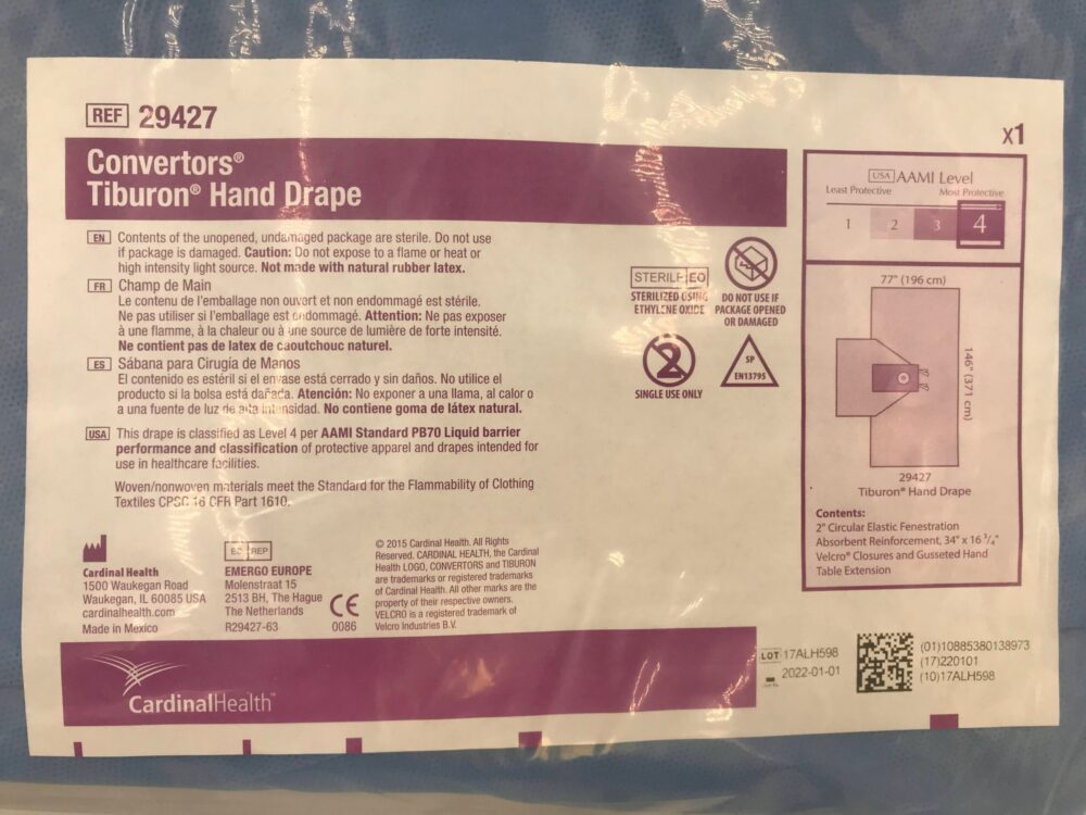 CARDINAL HEALTH 29427 Convertors Tiburon Hand Drape AAMI Level 4 ...
