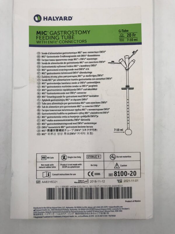 HALYARD 8100-20 MIC Gastrostomy Feeding Tube w/ EnFit Connectors G-Tube ...