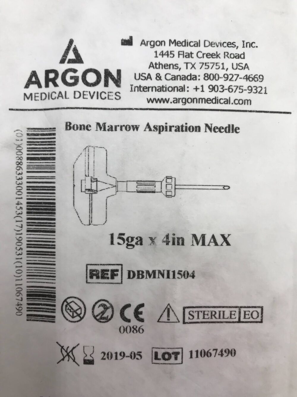 Argon DBMNI1504 Bone Marrow Aspiration Needle 15ga x 4in Max (X) - GB ...
