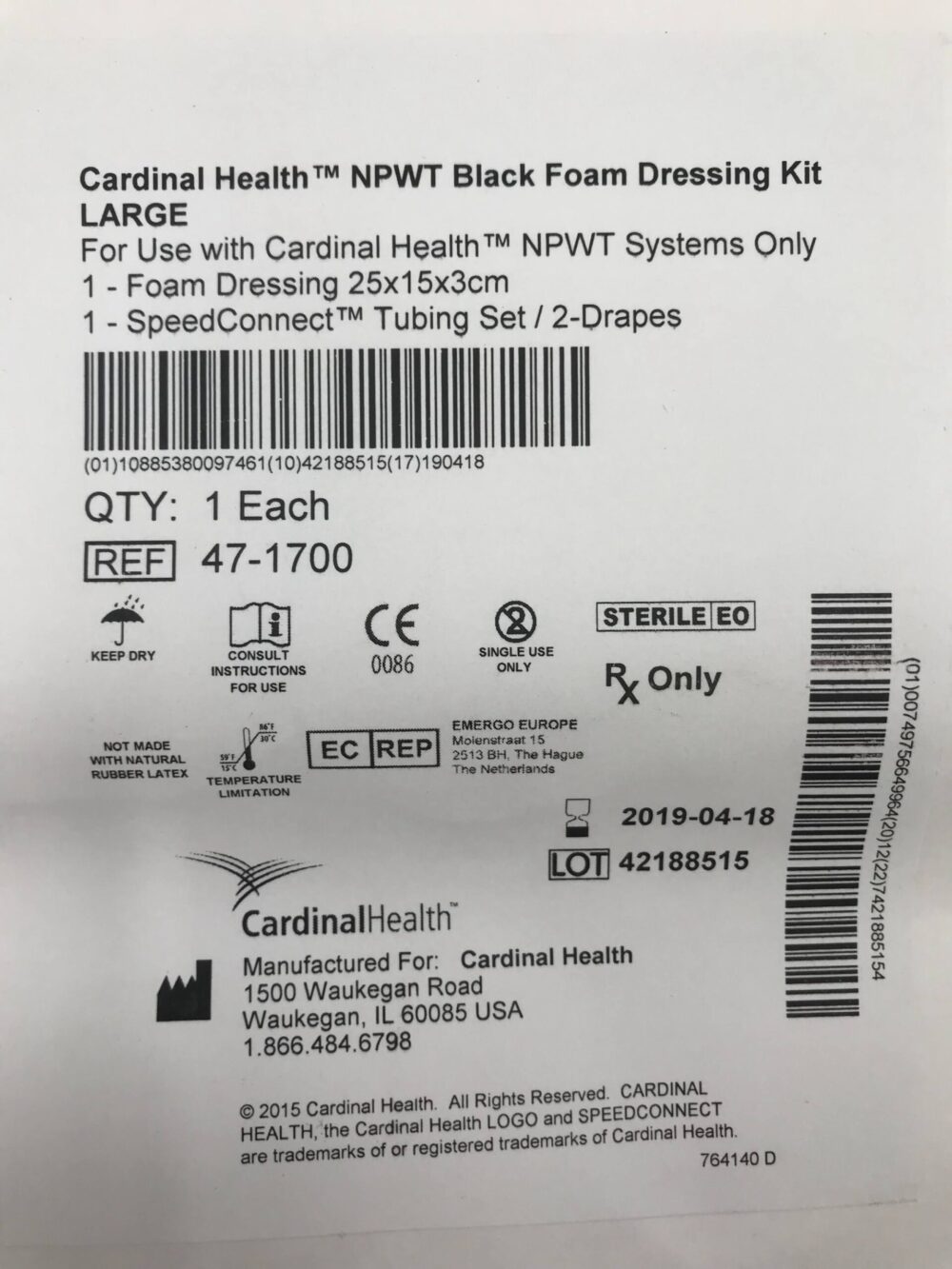 Cardinal Health 47-1700 NPWT Black Foam Dressing Kit Large (X) - GB ...