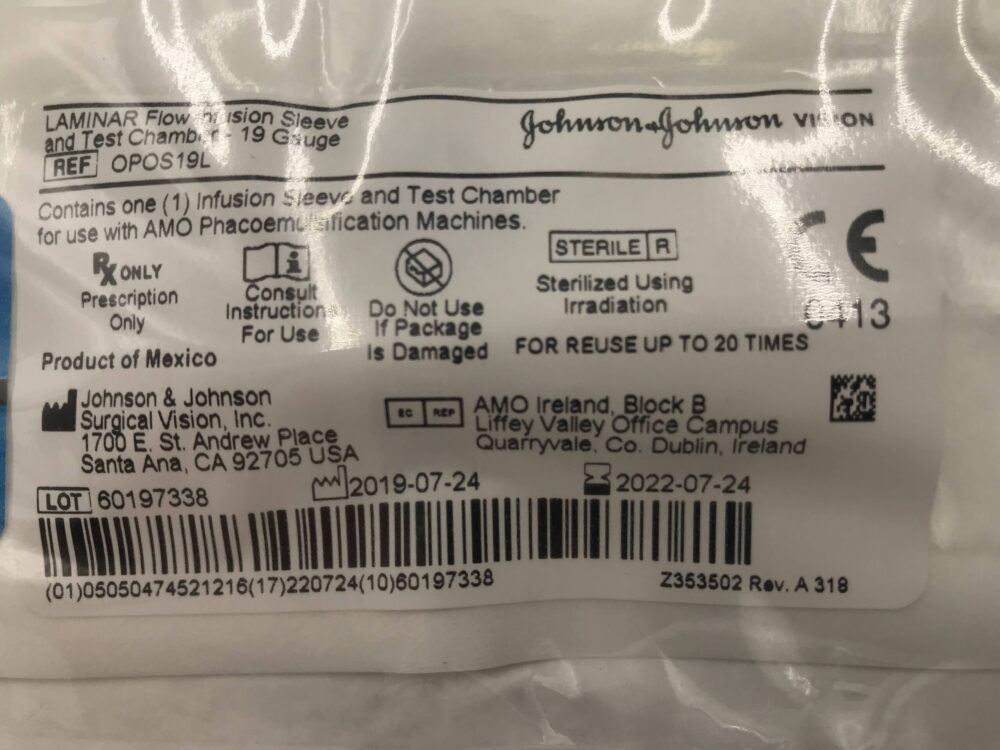 Johnson & Johnson OPOS19L Laminar Flow Infusion Sleeve and Test Chamber ...