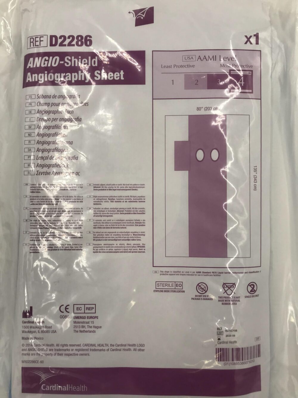 CARDINAL HEALTH D2286 Angio-Shield Angiography Sheet AAMI Level 4, 80in ...