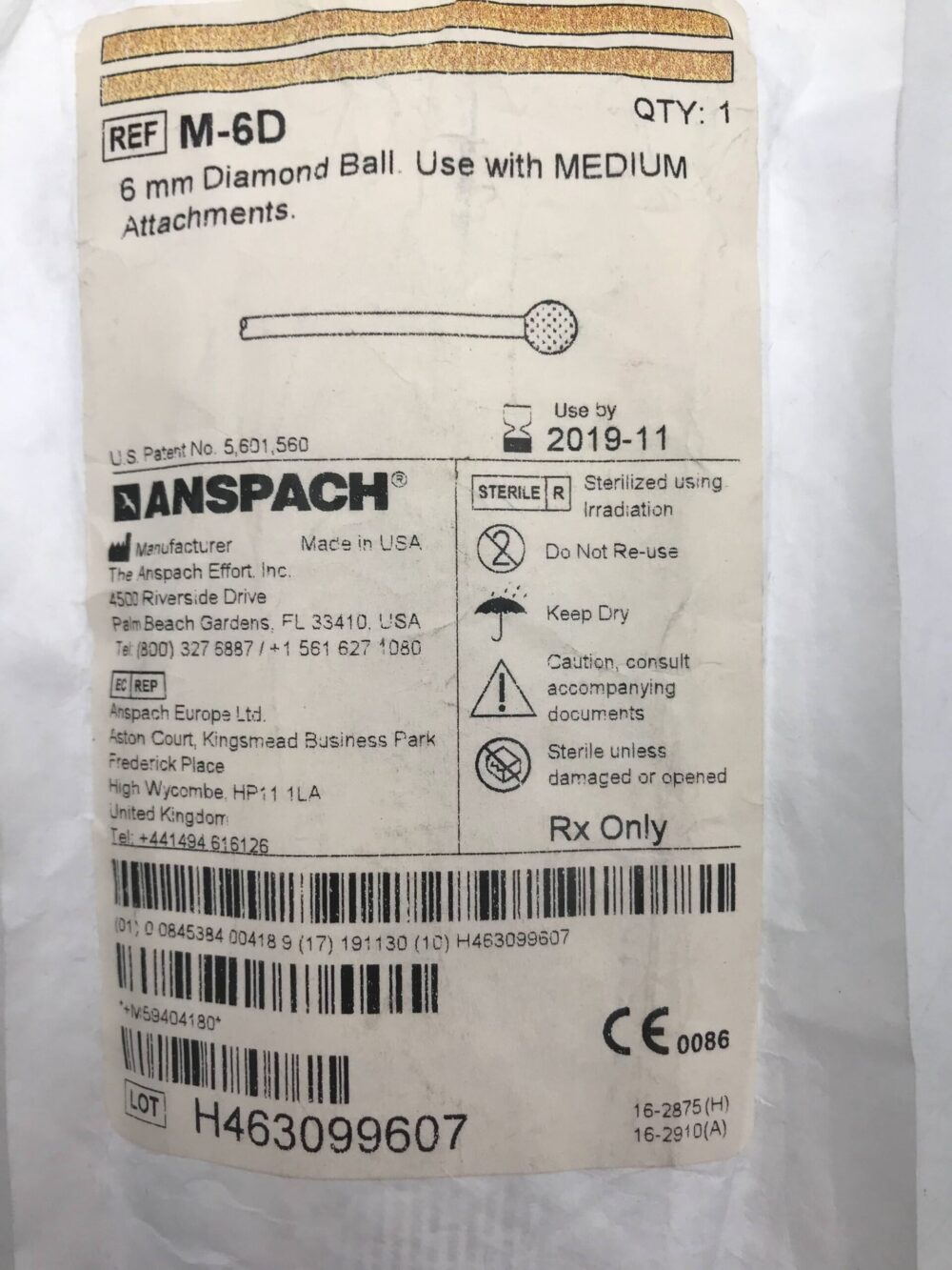 Anspach M-6D Diamond Ball 6mm Use with Medium Attachments (X) - GB TECH USA