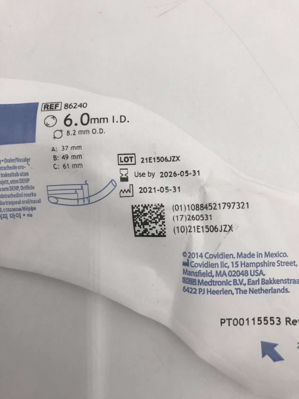 Covidien 86240 Shiley Oral/Nasal Tracheal Tube Cuffless Murphy Eye 6 ...