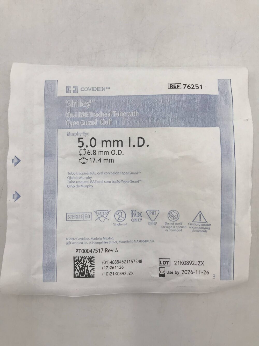 Covidien 76251 Shiley Oral RAE Tracheal Tube with TaperGuard Cuff ...