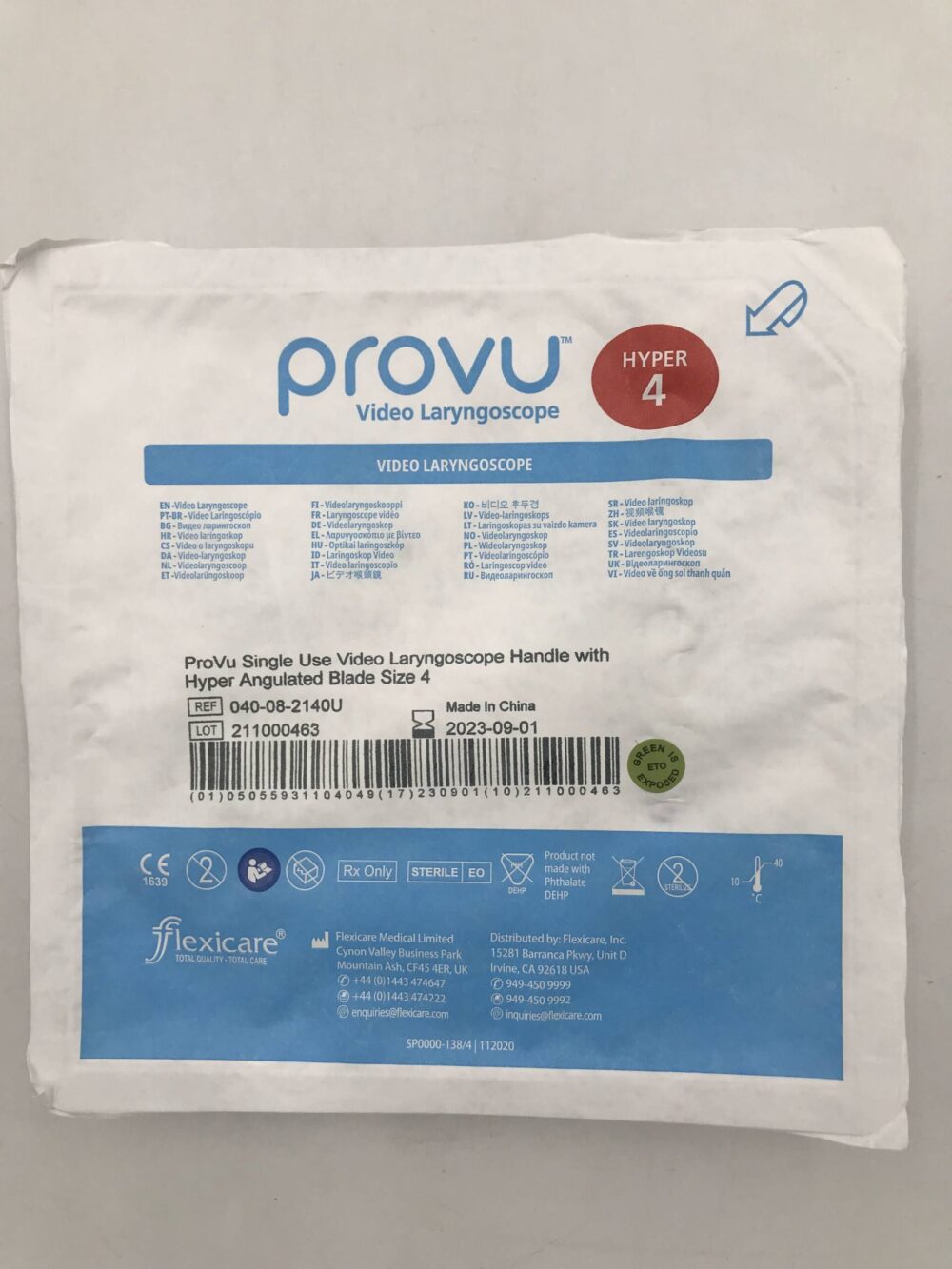 Flexicare 040-08-2140U ProVu Single Use Video Laryngoscope Handle with Hyper Angulated Blade ...