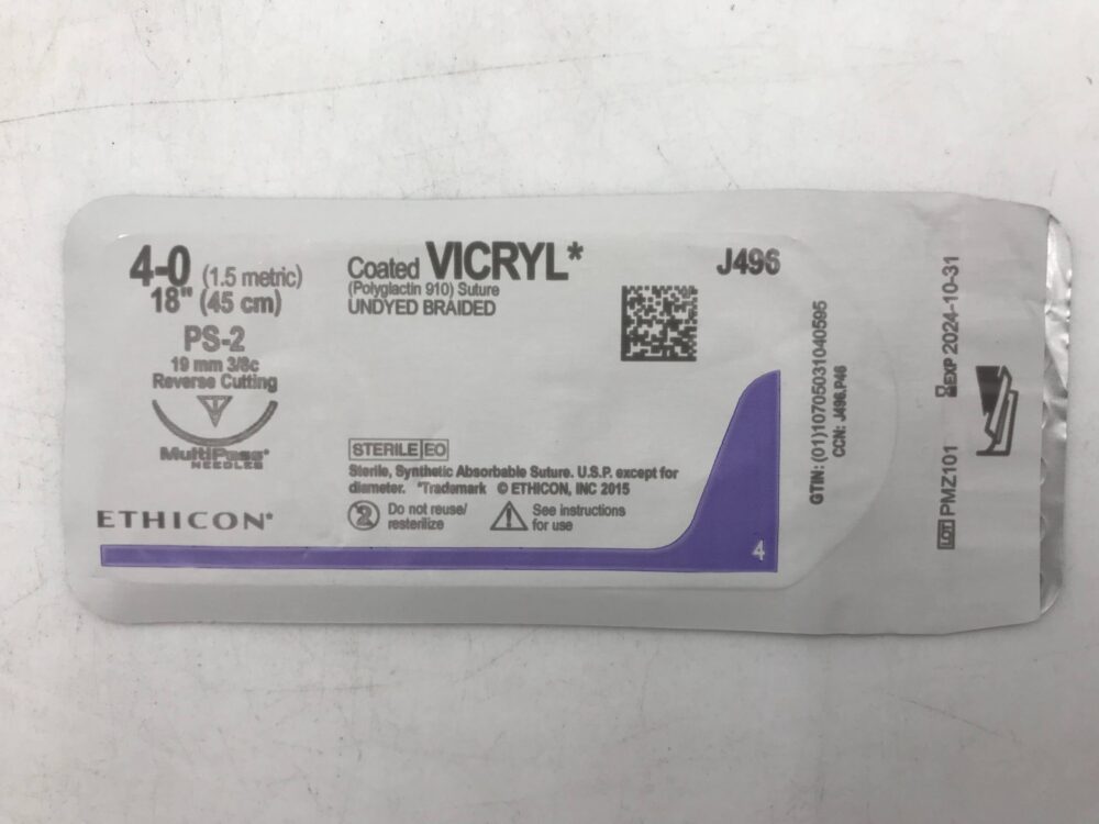 Ethicon J496 VICRYL Coated Suture Undyed Braided 4-0 18" PS-2 19mm Reverse Cutting Multipass ...