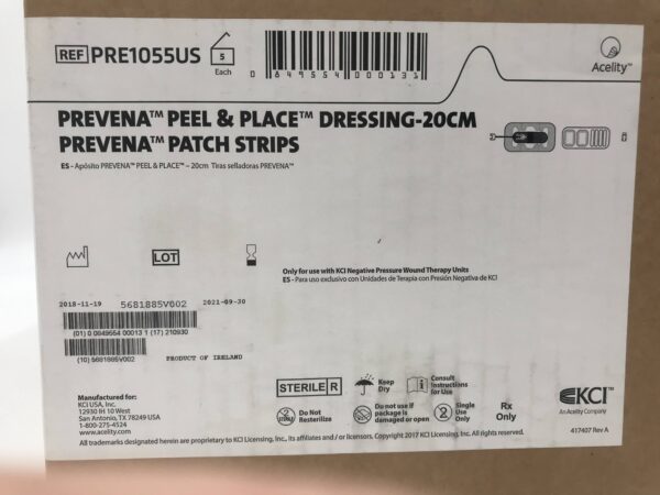 KCI PRE1055US Prevena Peel & Place Dressing-20cm Prevena Patch Strips ...