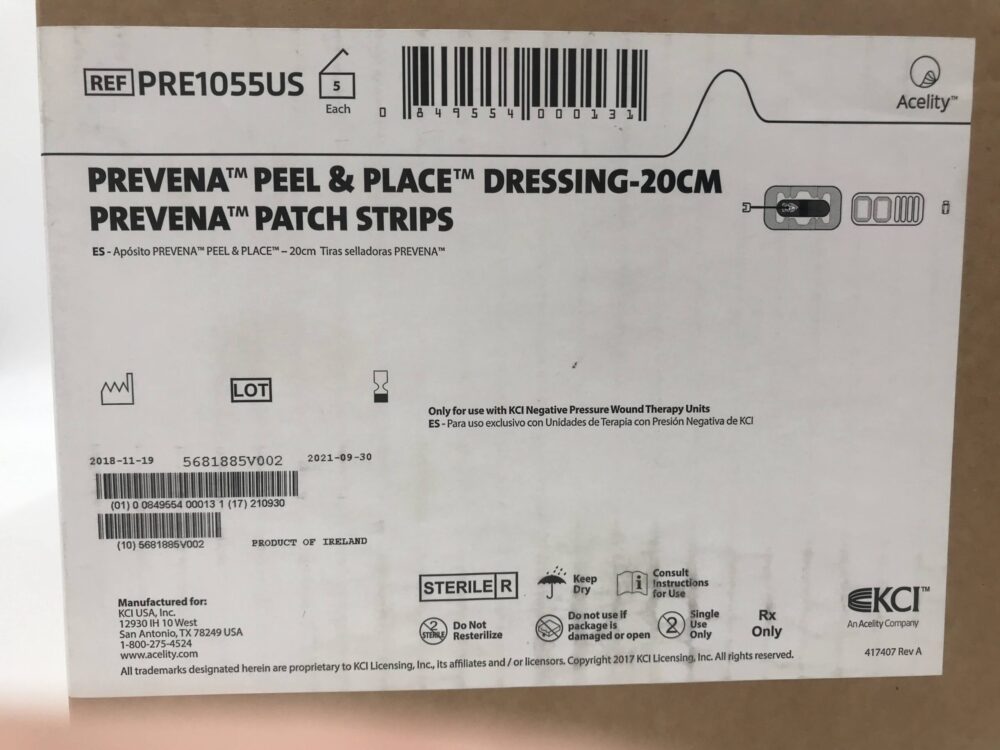 KCI PRE1055US Prevena Peel & Place Dressing-20cm Prevena Patch Strips ...