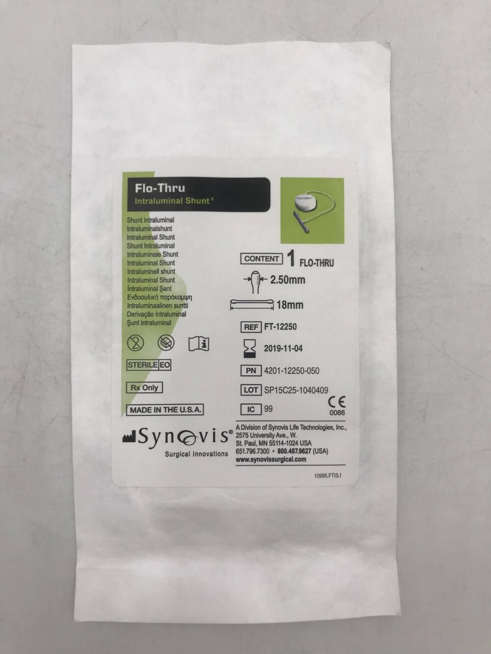 Synovis FT-12250 Flo-Thru Intraluminal Shunt 2.50mm, 18mm (X) - GB TECH USA