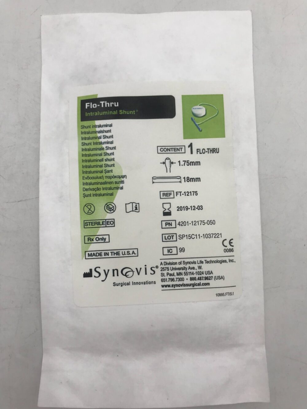 Synovis FT-12175 Flo-Thru Intraluminal Shunt 1.75mm, 18mm (X) - GB TECH USA