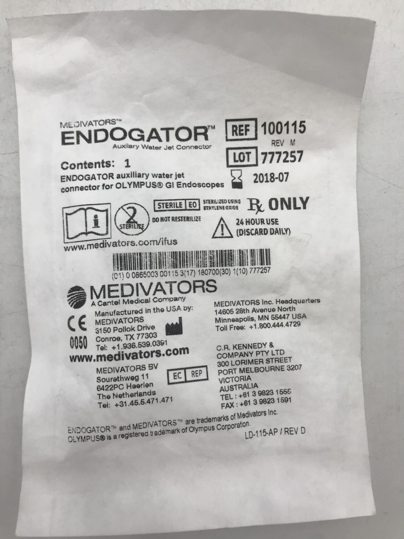 Medivators 100115 Endogator Auxiliary Water jet Connector For Olympus ...