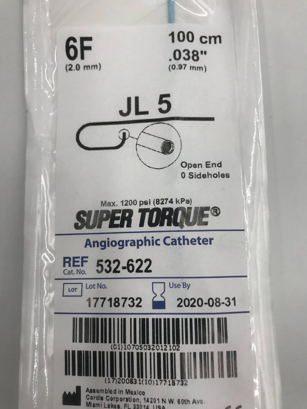 Cordis 532-622 Super Torque JL 5 Angiographic Catheter 6F 100cm (X ...