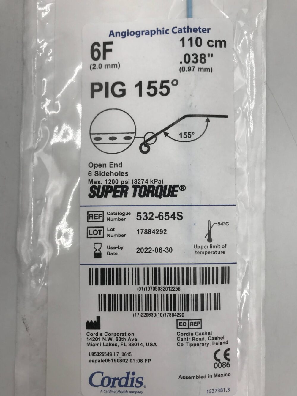 Cordis 532-654S Super Torque Pig 155° Angiographic Catheter 6F 110cm (X ...