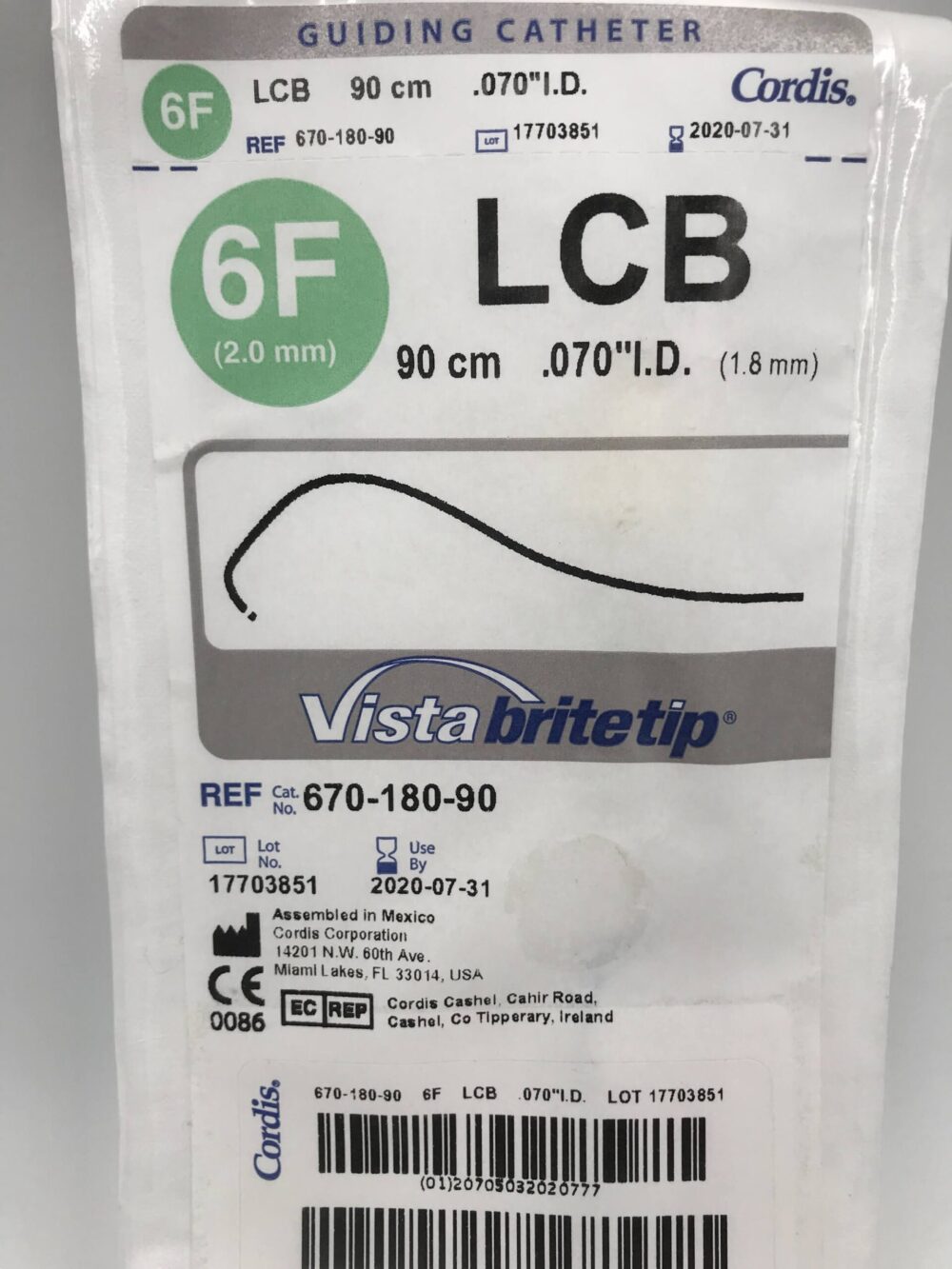 Cordis 670-180-90 Vista Britetip LCB Guiding Catheter 6F 90cm (X) - GB ...