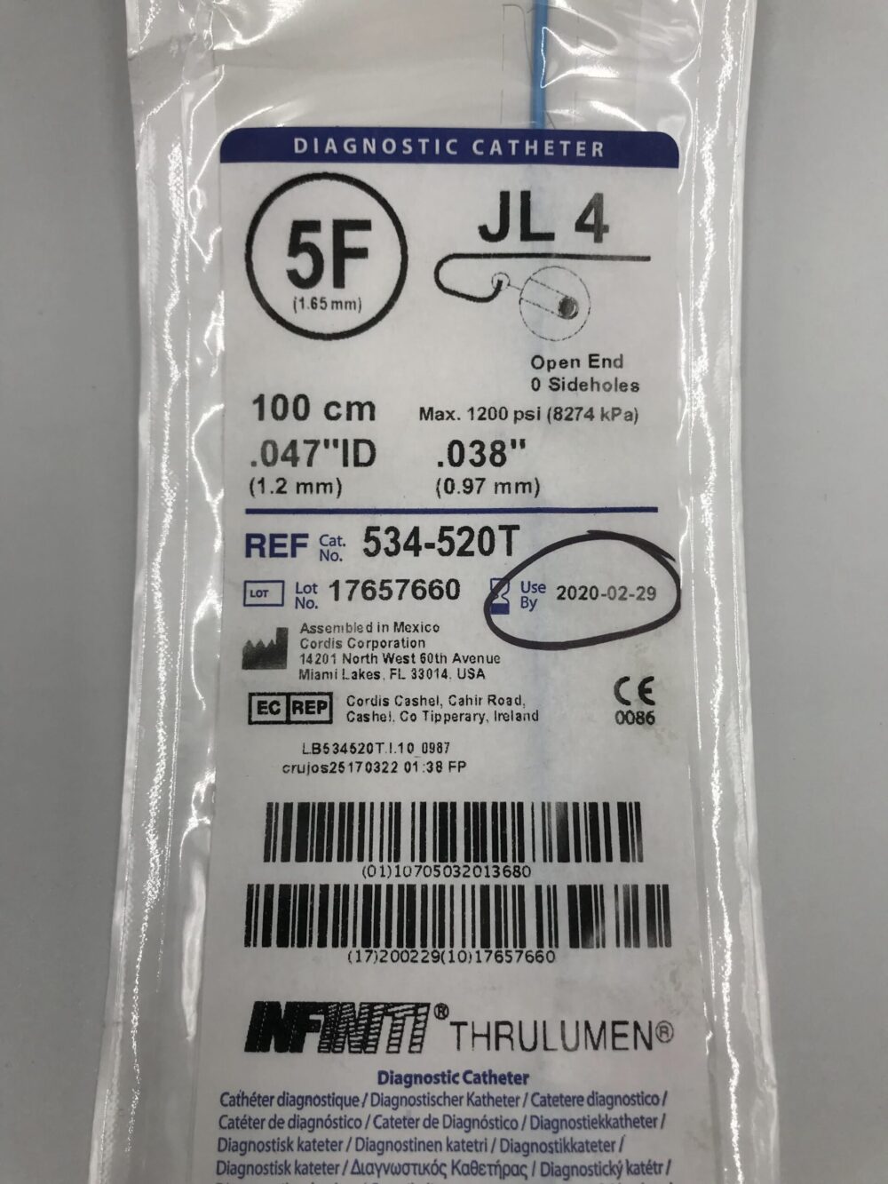 Cordis 534-520T Infiniti Thrulumen JL 4 Diagnostic Catheter 6F 100cm (X) - GB TECH USA