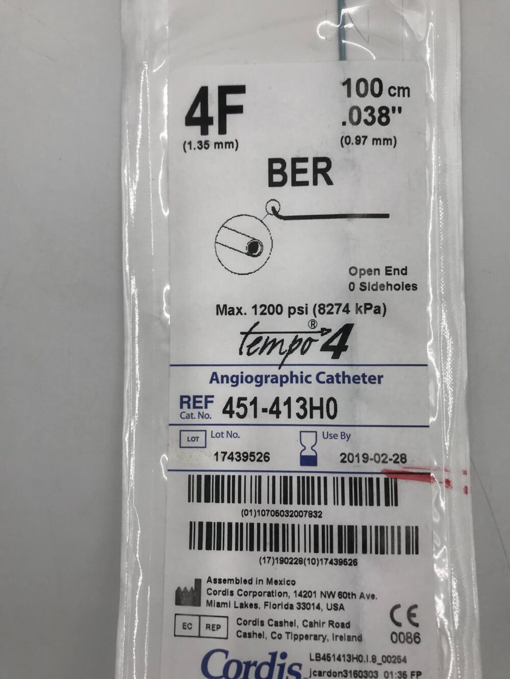 Cordis 451-413H0 Tempo4 BER Angiographic Catheter 4F 100cm (X) - GB ...