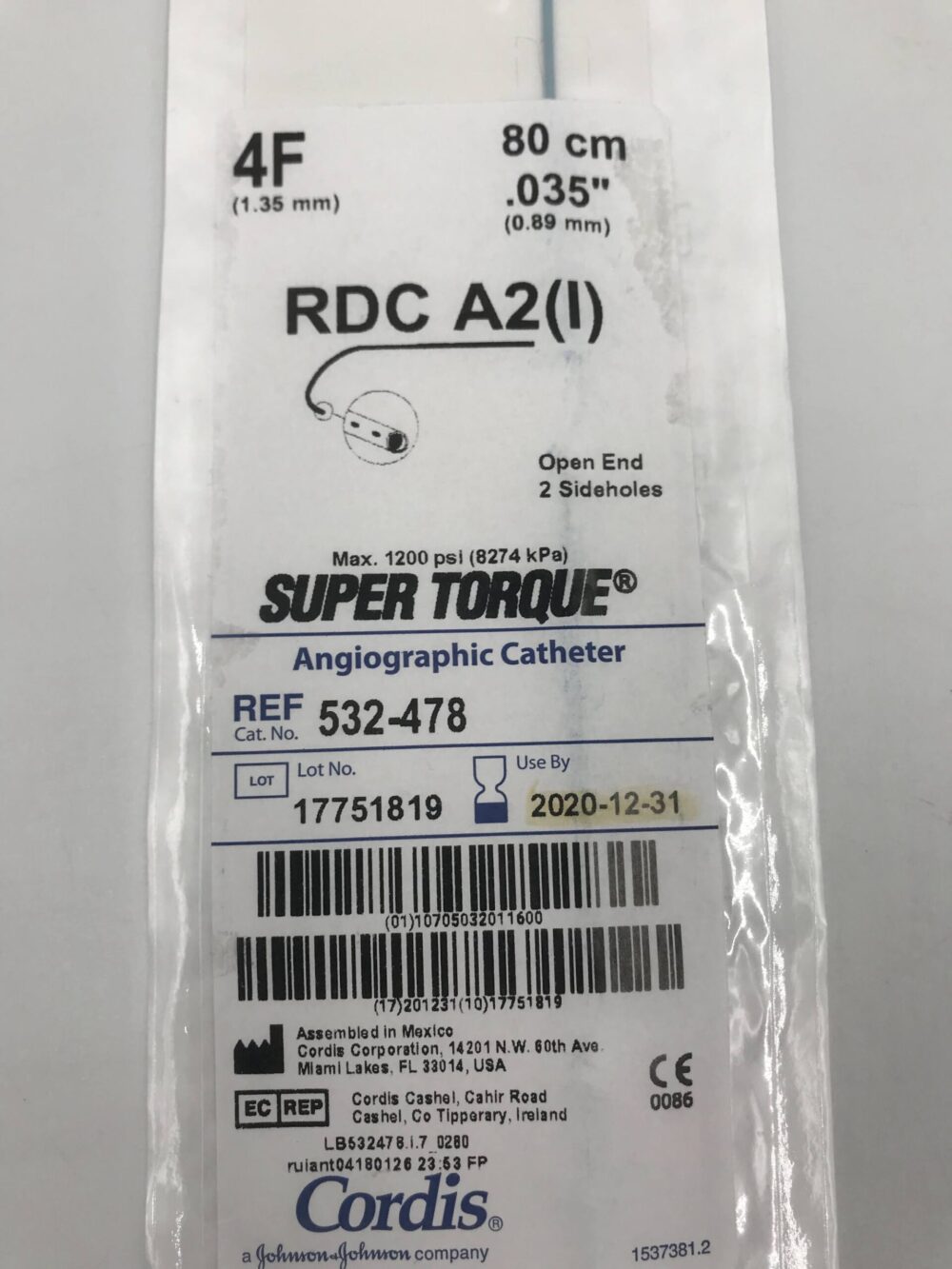 Cordis 532-478 Super Torque RDC A2(I) Angiographic Catheter 4F 80cm (X ...