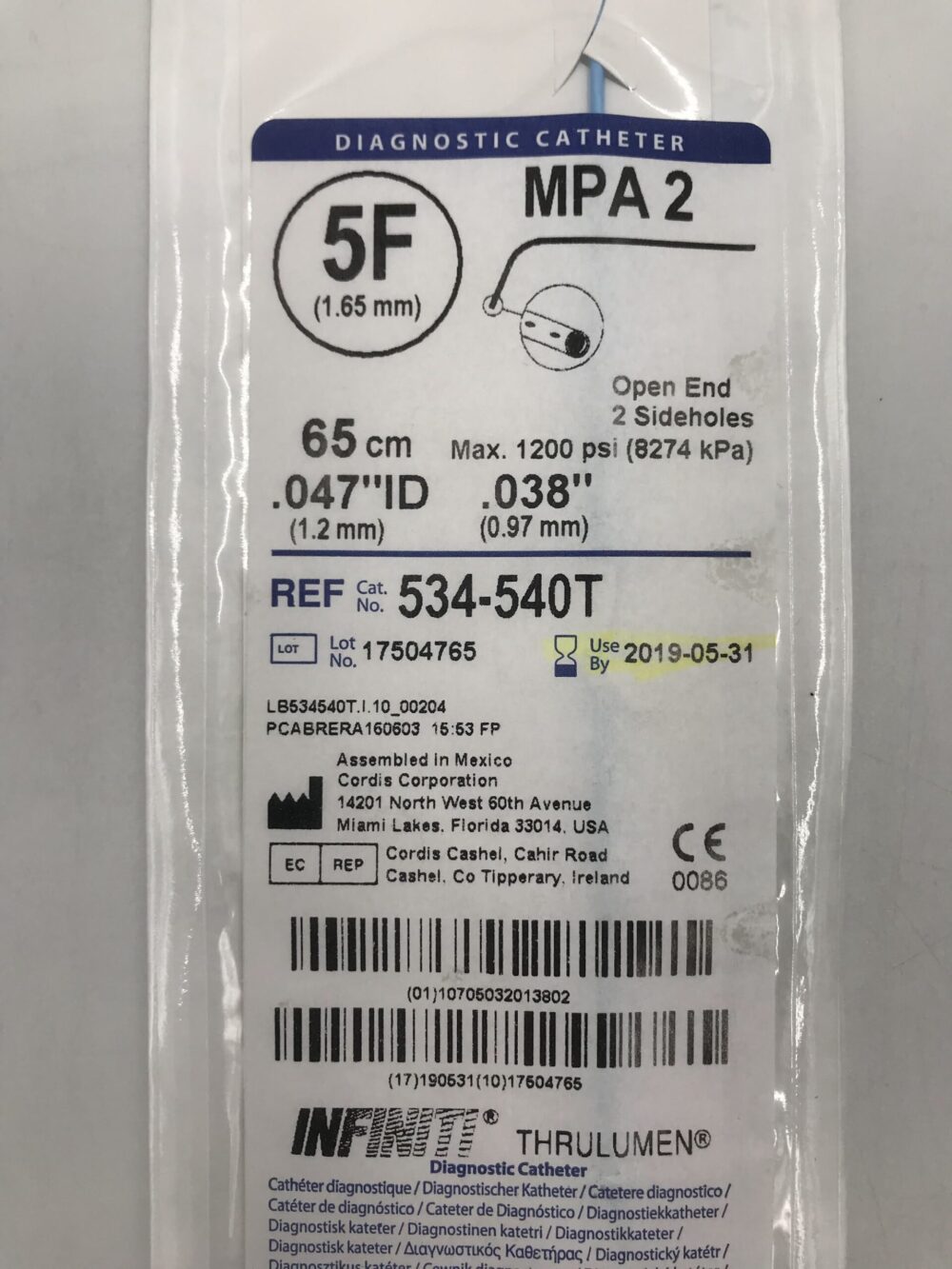 Cordis 534-540T Infiniti Thrulumen MPA 2 Diagnostic Catheter 5F 65cm (X ...