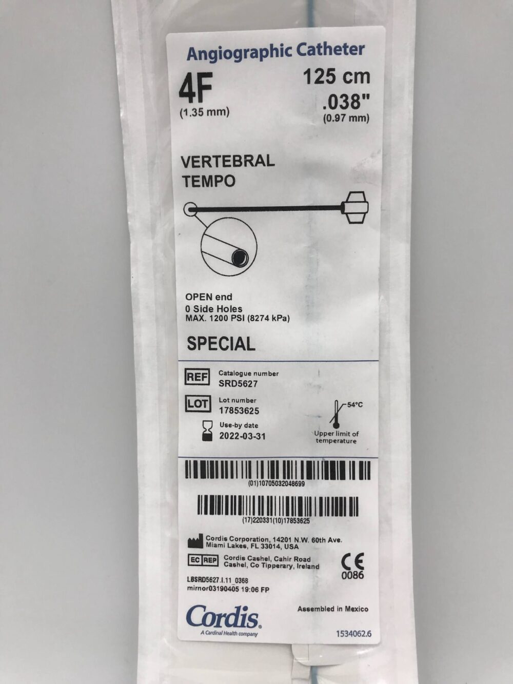 Cordis SRD5627 Special Vertebral Tempo Angiographic Catheter 4F 125cm ...