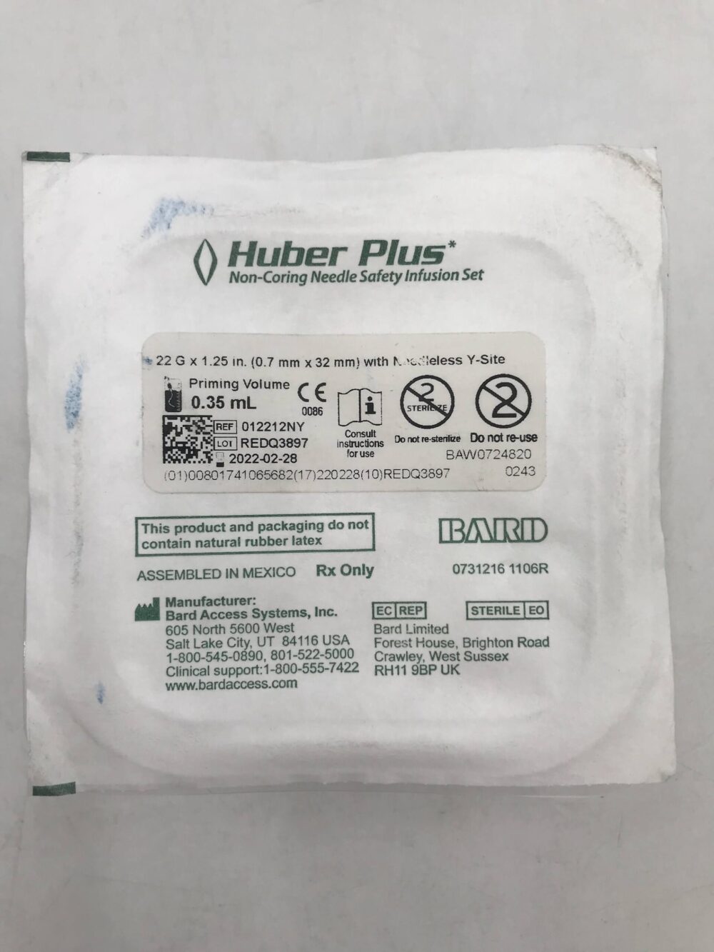 Bard 012212NY Huber Plus Non-Coring Needle Safety Infusion Set 22G x 1 ...