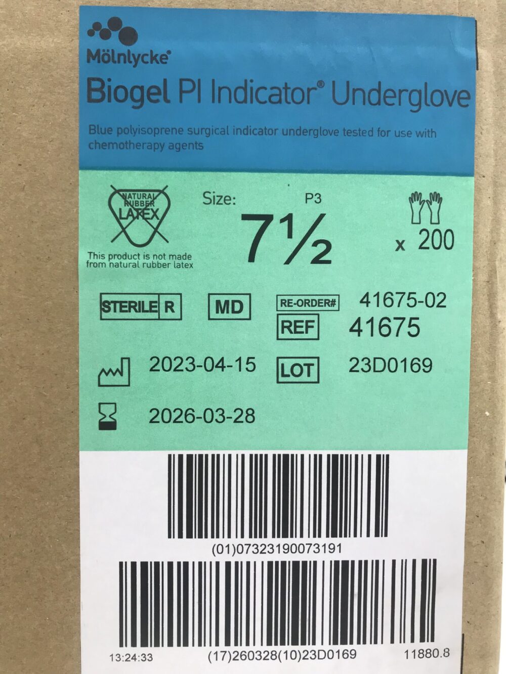 Molnlycke 41675 Biogel PI Indicator Underglove Size 7-1/2 (200Pairs ...