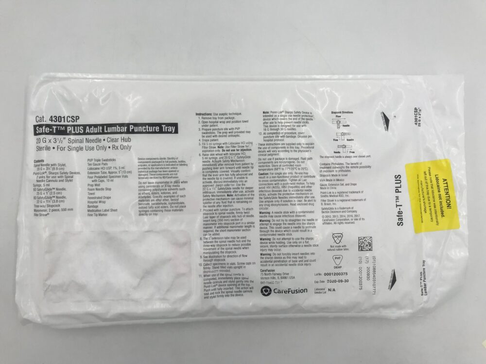 CareFusion 4301CSP Safe-T Plus Adult Lumbar Puncture Tray 20G x 3 1/2(X ...