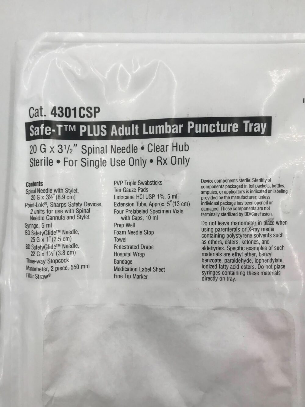 CareFusion 4301CSP Safe-T Plus Adult Lumbar Puncture Tray 20G x 3 1/2(X ...