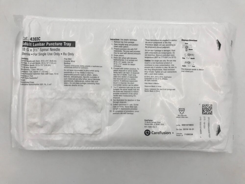 CareFusion 4303C Adult Lumbar Puncture Tray 18G x 3 1/2in(X) - GB TECH USA