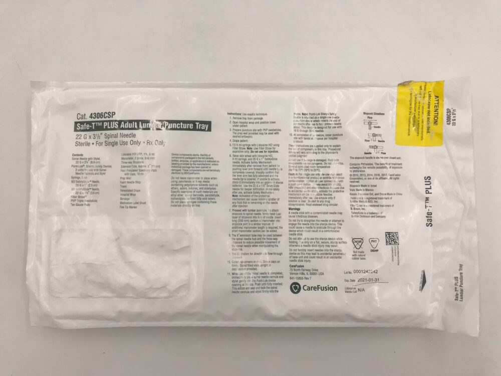 CareFusion 4306CSP Safe-T PLUS Adult Lumbar Puncture Tray 22G x 3 1/2in ...