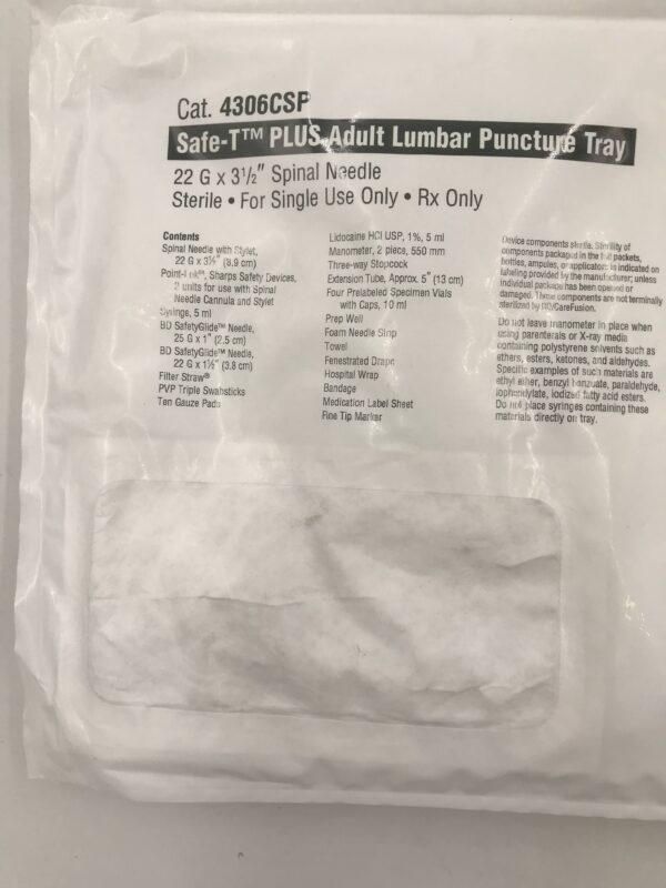 CareFusion 4306CSP Safe-T PLUS Adult Lumbar Puncture Tray 22G x 3 1/2in ...