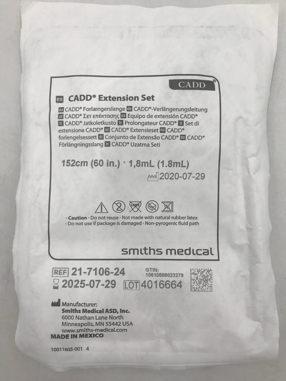 Smiths Medical 21-7106-24 Cadd Extension Set 152cm (60in.) (1.8mL) - GB ...