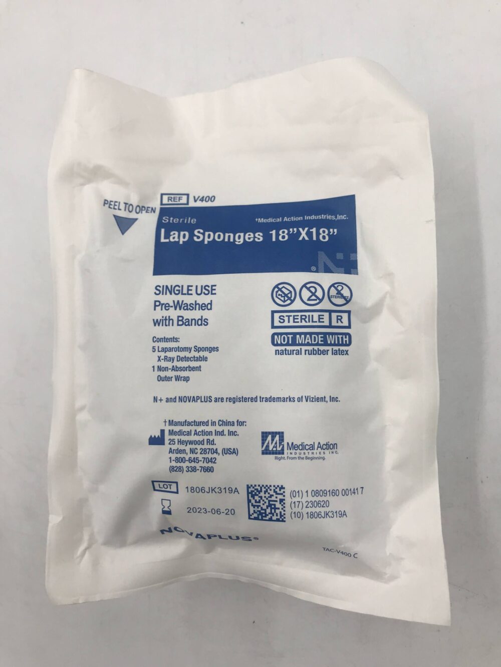 MEDICAL ACTION V400 NovaPlus Lap Sponge, Prewashed Plus Bands 18in x ...