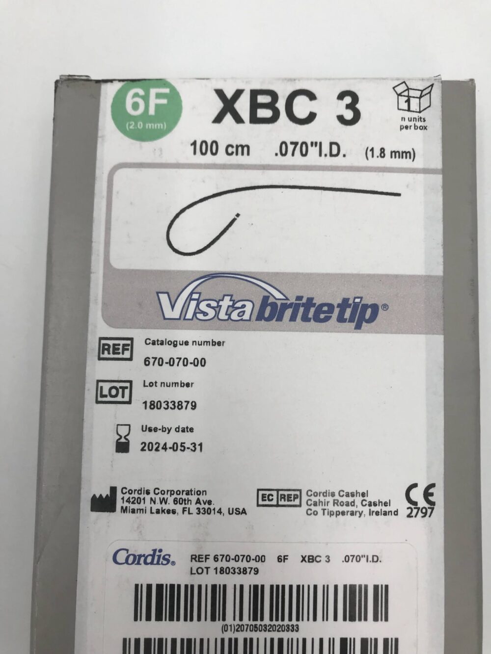 Cordis 670-070-00 Vista Brite Tip Guiding Catheter XBC 3 6F 100cm .070 ...