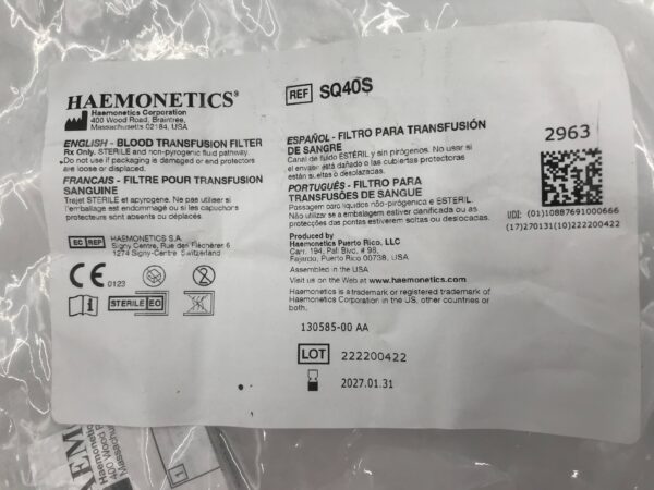 Haemonetics SQ40S Blood Transfusion Filter - GB TECH USA