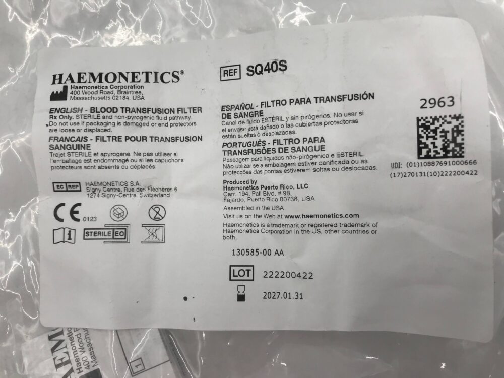 Haemonetics SQ40S Blood Transfusion Filter - GB TECH USA