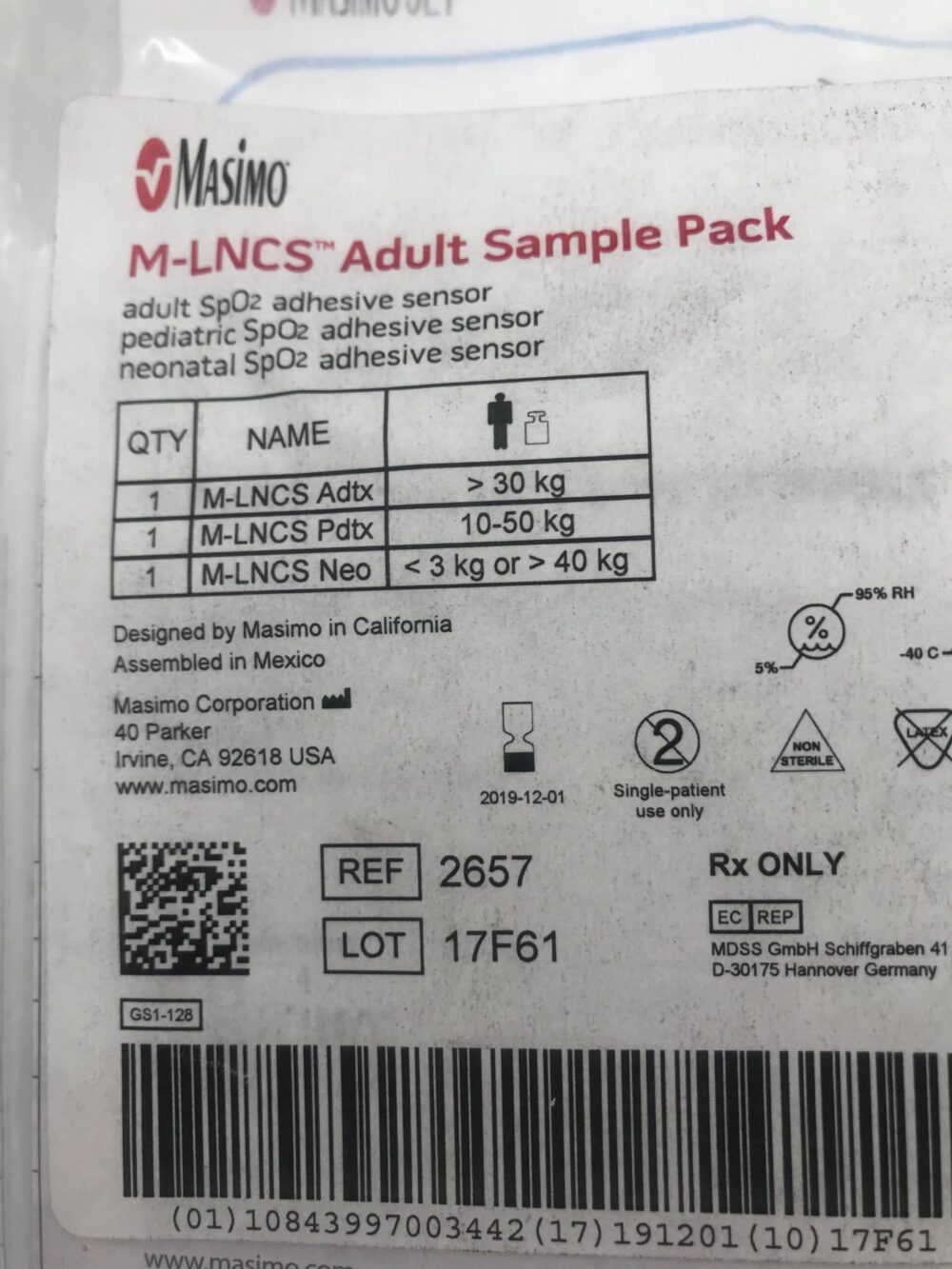 Masimo 2657 M-LNCS Adult Sample Pack Adult SpO2 Sensor, Pediatric SpO2 ...