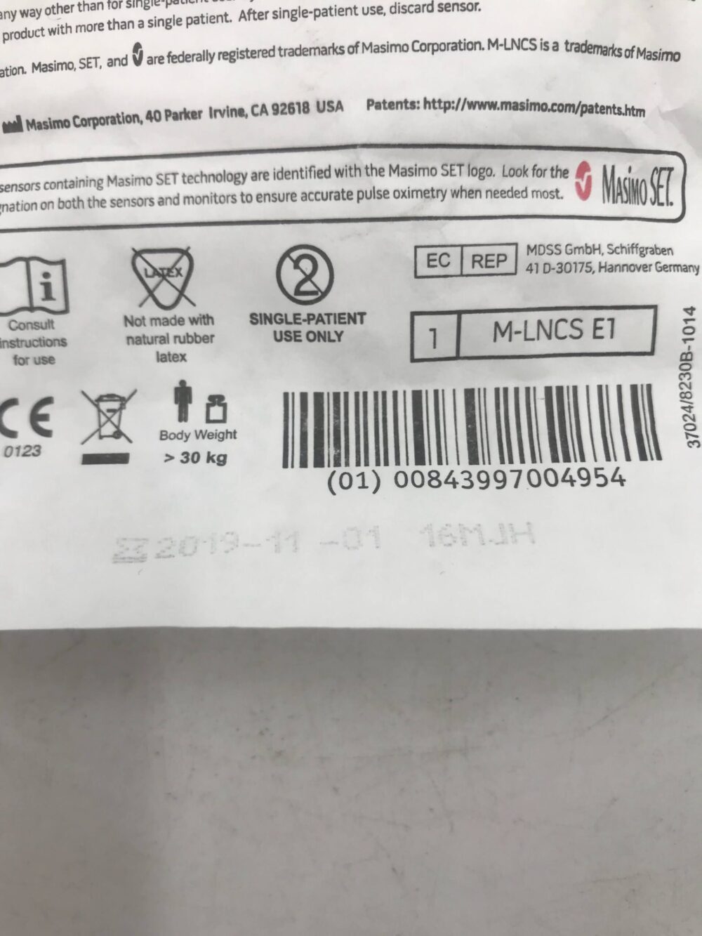Masimo 2919 M-LNCS E1 SpO2 Adult Single-Patient-Use Ear Sensor >30kg (X ...
