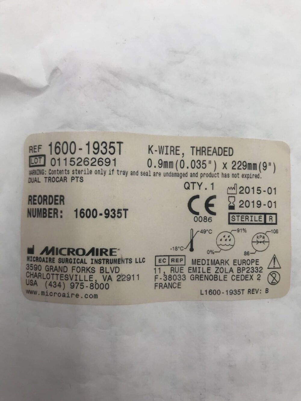 MicroAire 1600-1935T K-Wire Threaded 0.9mm x 229mm (0.035" x 9") (X ...