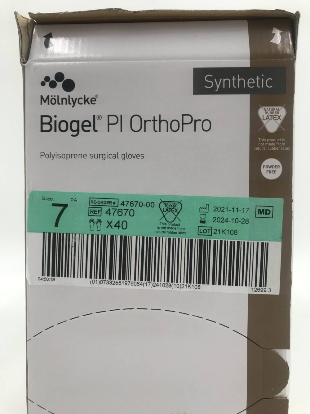 Molnlycke 47670 Biogel PI OrthoPro Polyisoprene Surgical Gloves Size 7 ...