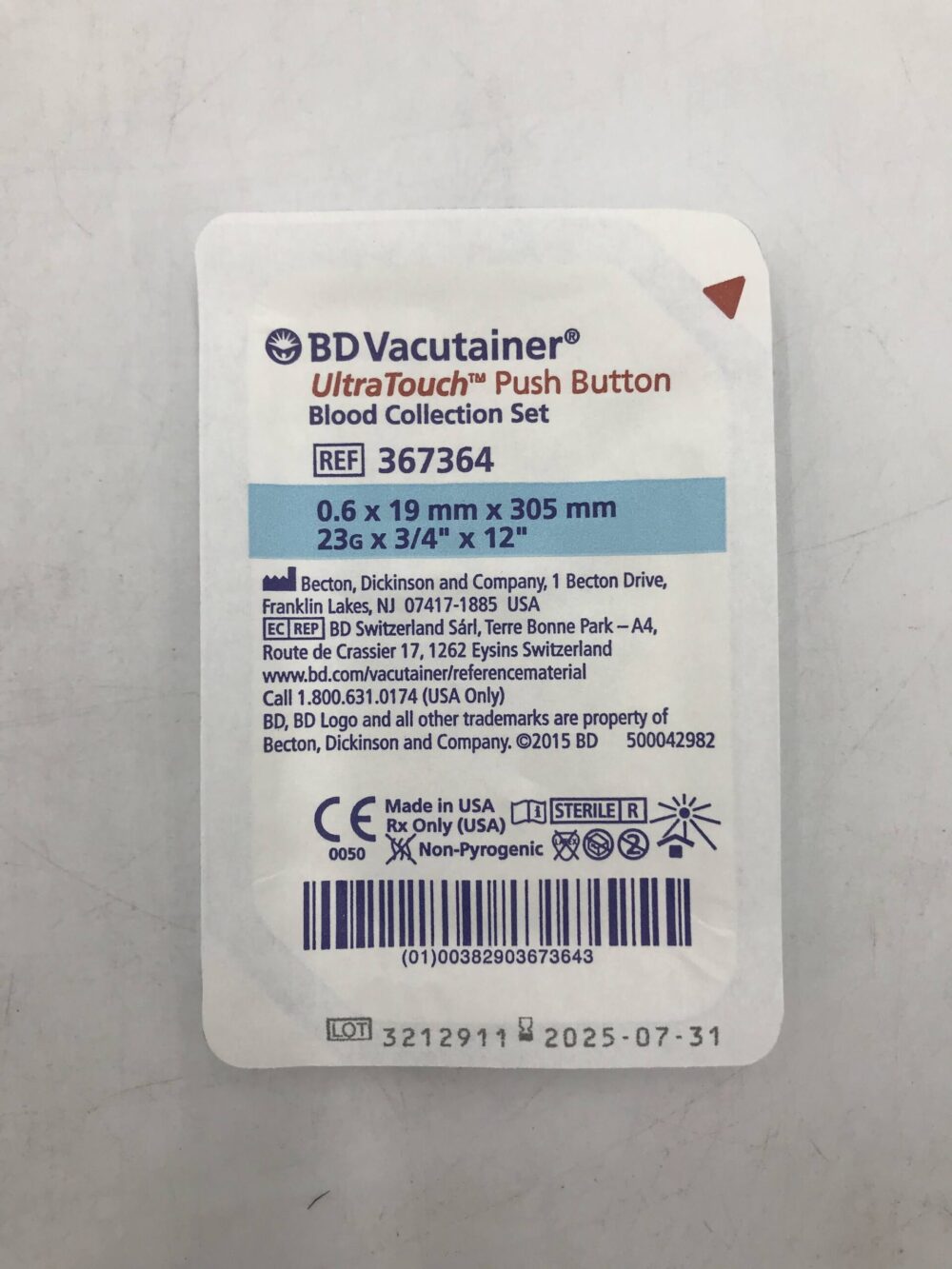 BD 367364 Vacutainer UltraTouch Push Button Blood Collection Set 23G x 3/4in x 12in (50/Bag ...