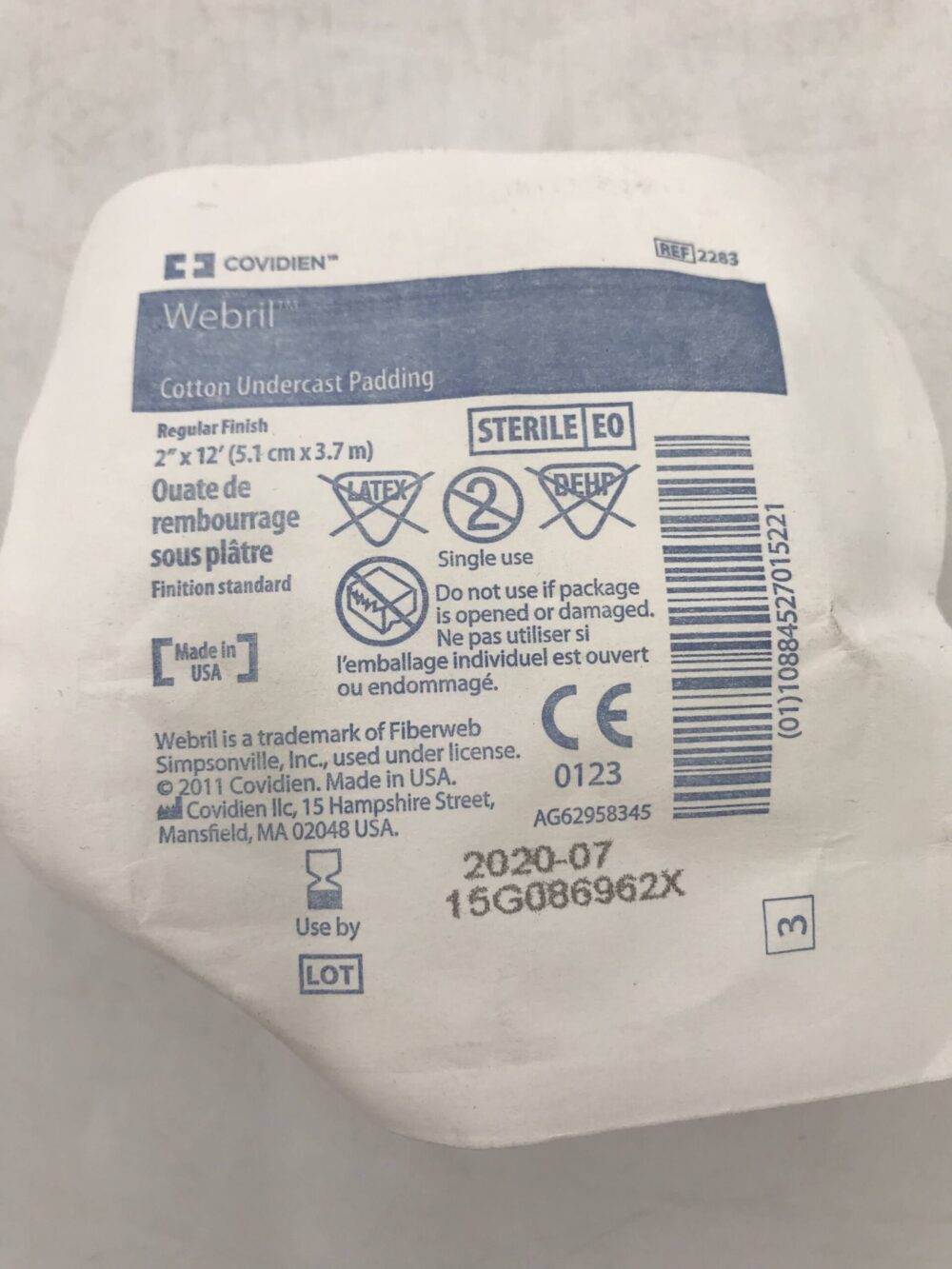 Covidien 2283 Webril Cotton Undercast Padding Regular Finish 2" x 12 ...