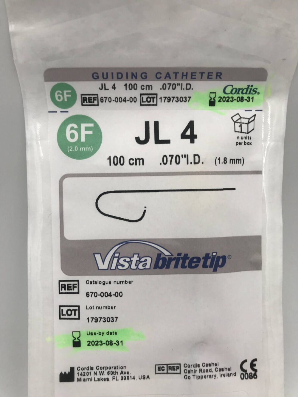 Cordis 670-004-00 Vista Brite Tip Guiding Catheter JL 4 6F 100cm (X ...