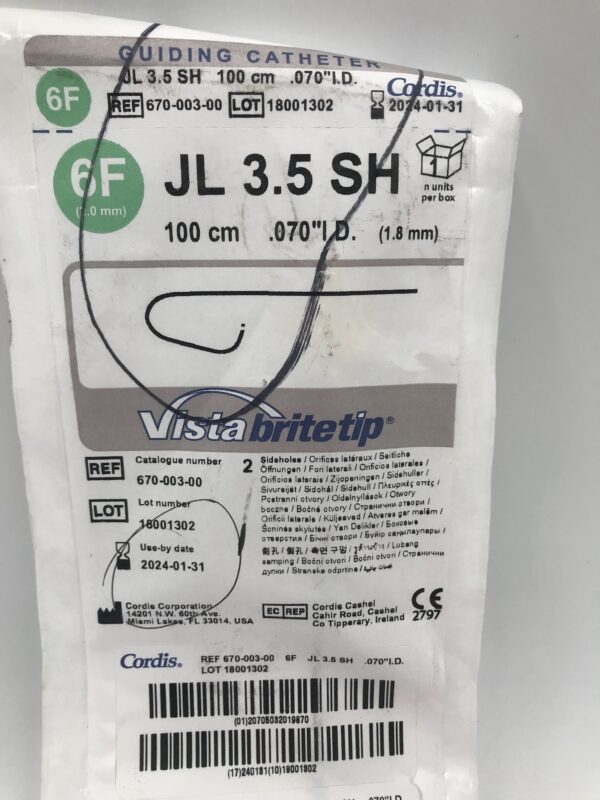 Cordis 670-003-00 Vista Brite Tip Guiding Catheter JL 3.5 SH 6F 100cm ...