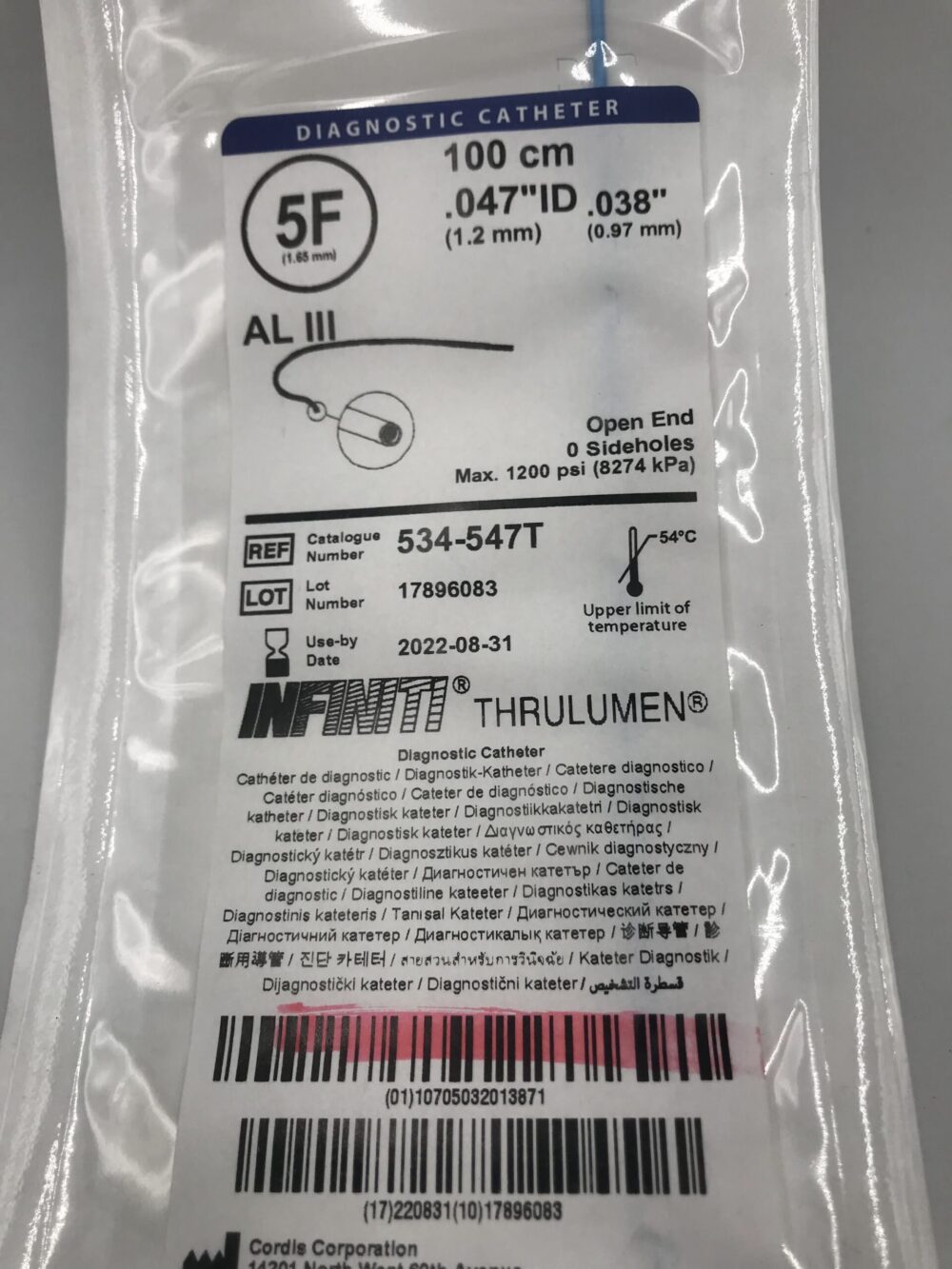 Cordis 534-547T Infiniti Thrulumen Diagnostic Catheter AL III 5F 100cm ...