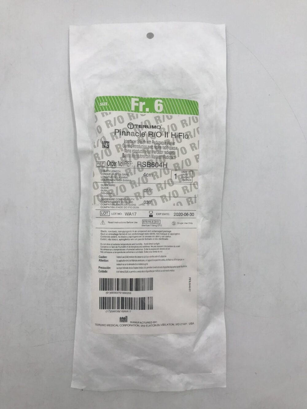 Terumo RSB604H Pinnacle R/O II HiFlo 6Fr. Introducer Sheath with ...