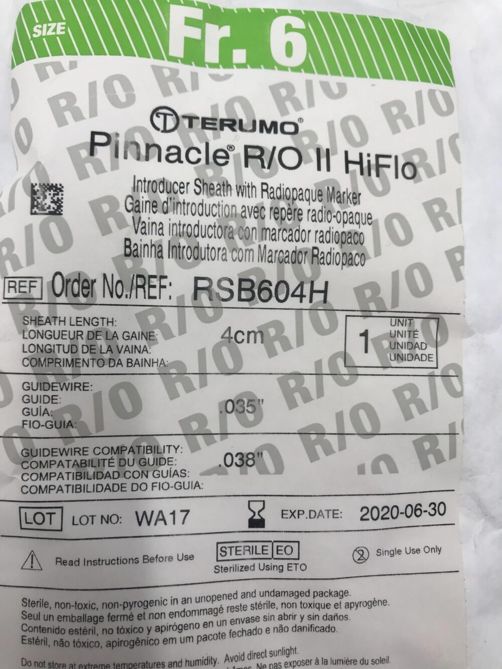 Terumo RSB604H Pinnacle R/O II HiFlo 6Fr. Introducer Sheath with ...