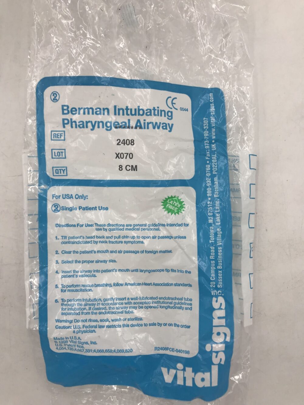 Vital Signs 2408 Berman Intubating Pharyngeal Airway 8cm - GB TECH USA