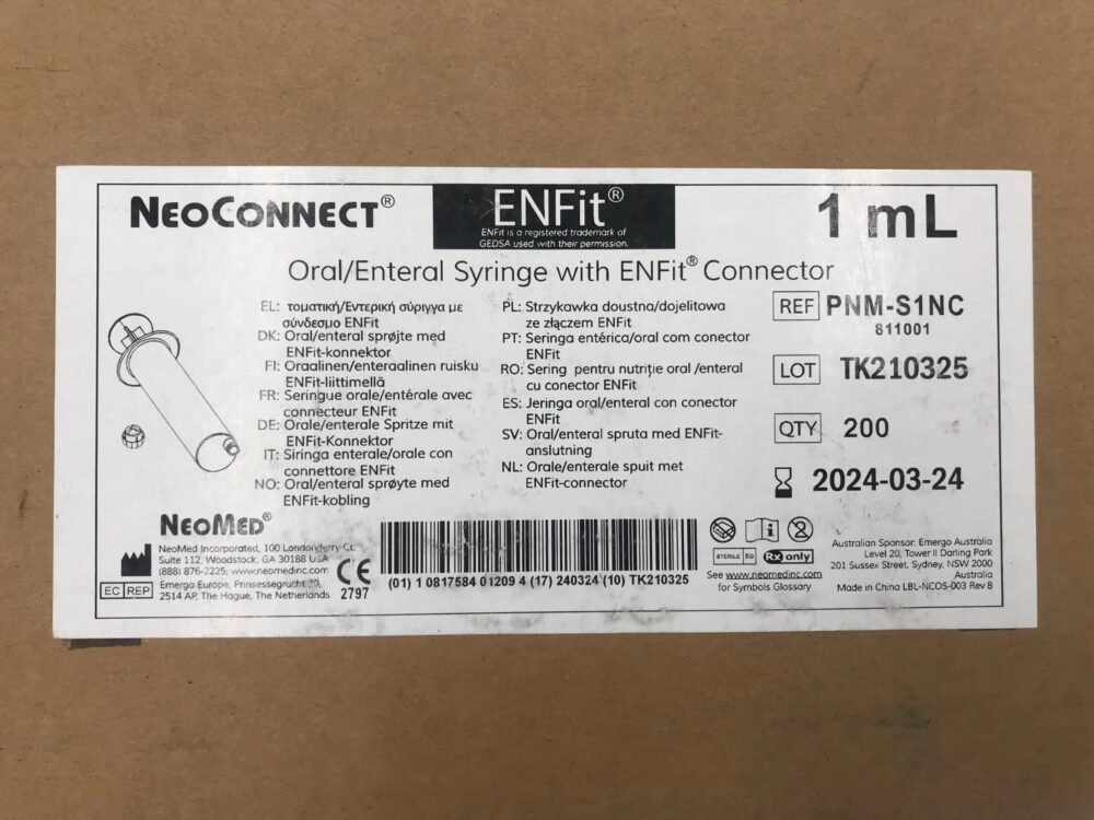 NeoMed PNM-S1NC NeoConnect Oral/Enteral Syringe w/ ENFit Connector 1mL (200/Case)(X) - GB TECH USA
